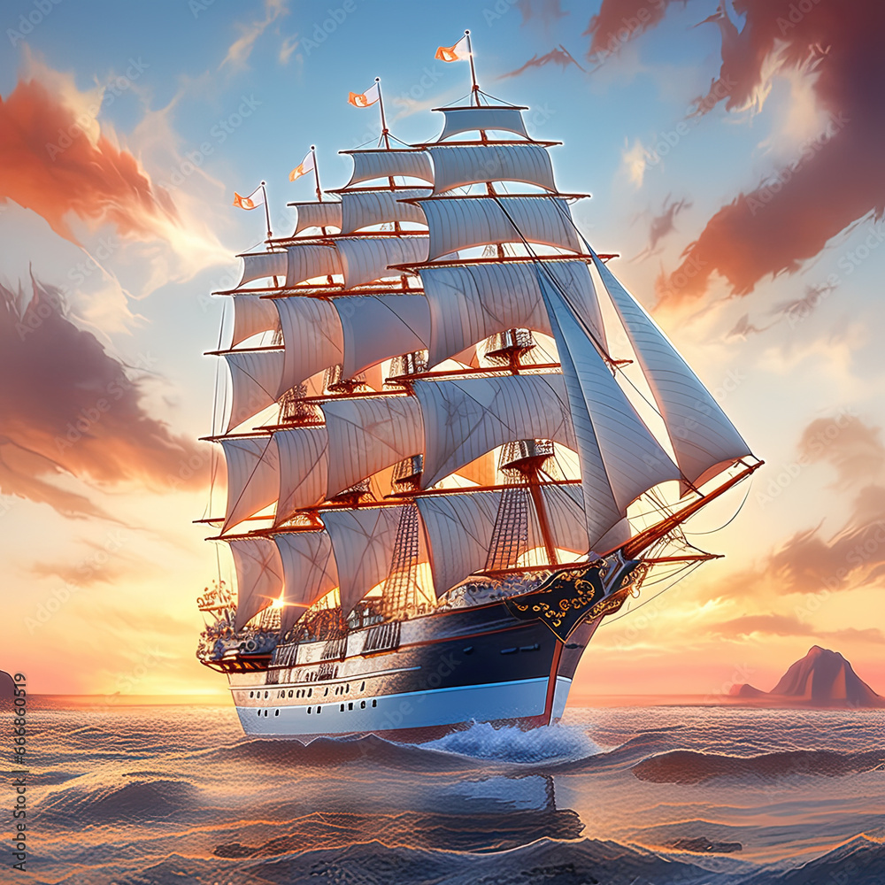 Big sailing ship at sunset sailing through the sea with a blue and ...