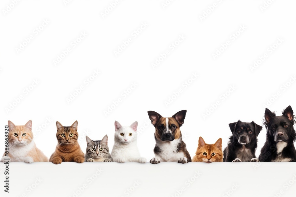 Row of cats and dogs hanging their paws over a white banner. Image ...