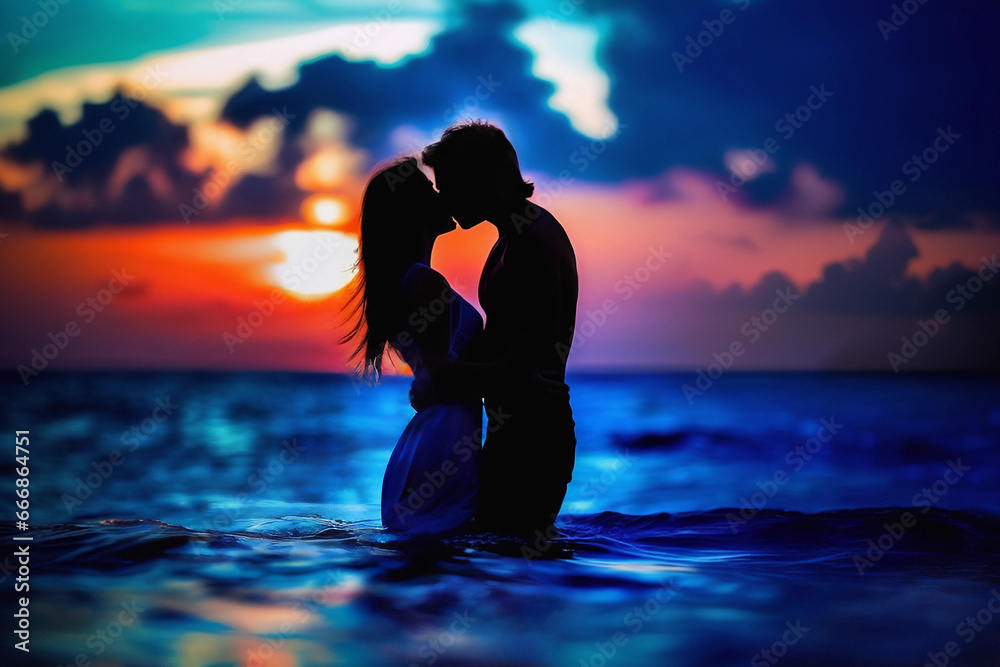 Silhouette of a romantic couple out in the sea kissing as the sun sets ...