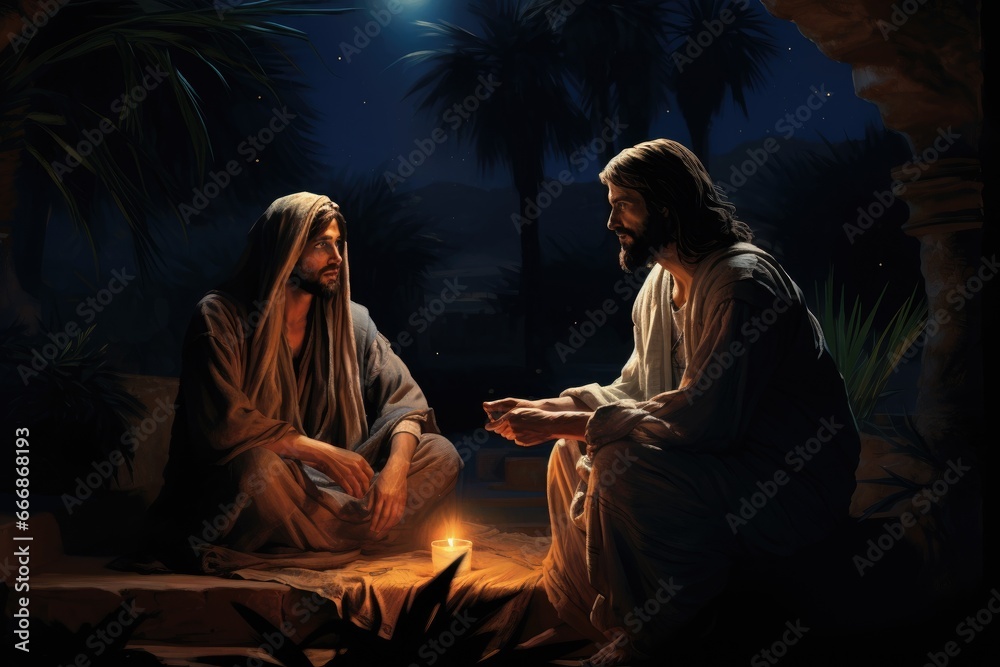 Jesus and Nicodemus, night scene artwork Stock Photo | Adobe Stock