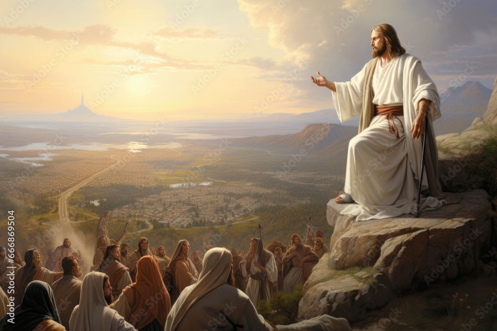Jesus' Sermon on the Mount, panoramic illustration. Stock Photo | Adobe ...