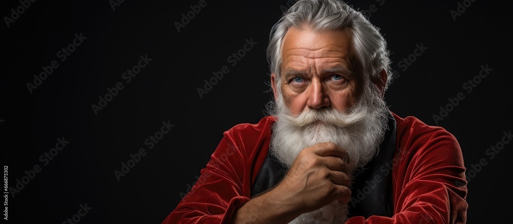 Santa Claus costume wearing old man with grey hair and long beard ...