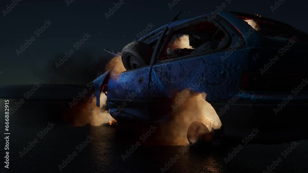 A car interior in flames and burning from inside. Fuel ignition caused ...