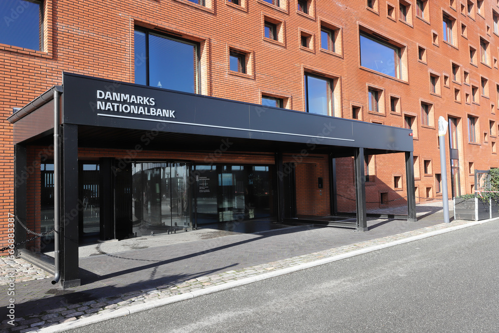 Copenhagen, Denmark - October 22, 2023: Entrance to the central bank of ...