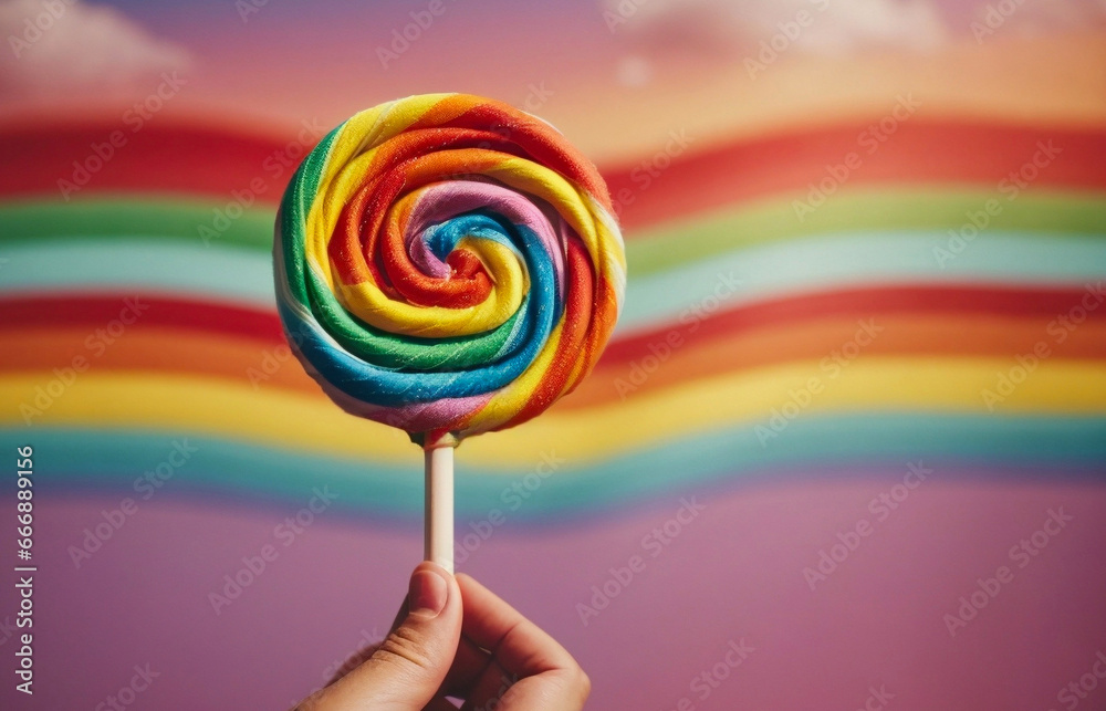 AI generative image of a rainbow candy with a rainbow background, hand ...
