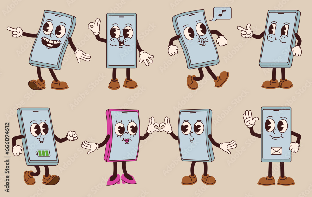 Cartoon smartphone mascot. Mobile phone characters, funny gadget screen ...