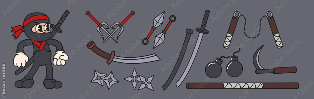 Cartoon ninja weapon. Japanese martial art equipment, katana sword ...