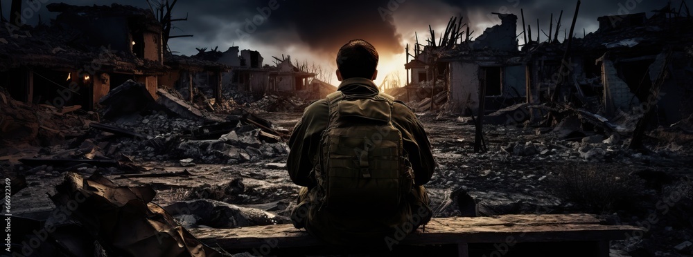 Epic back view of WW2 soldier on the battlefield in a destroyed ...