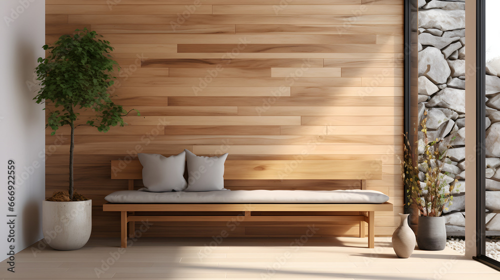 Wooden bench near marble stone wall and wood paneling in cozy hallway ...