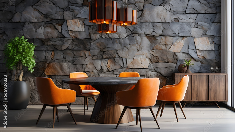 wooden round dining table and chairs against of stone 3d panel wall ...