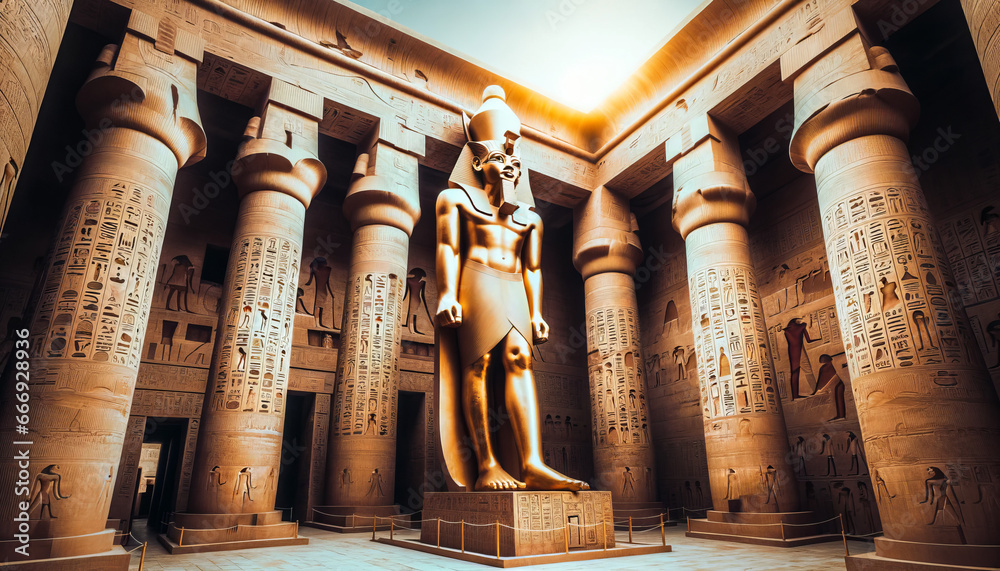 Photo depicting an ancient Egyptian temple with a large statue of Ra ...