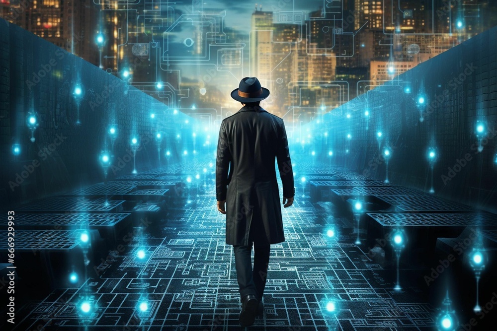 AI generated illustration of a detective in a hat and a coat in a ...