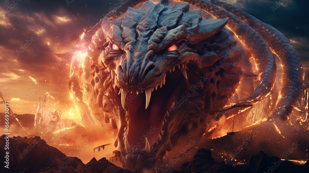 Winged serpent Breathing Fire At Knight In Defensive layer Holding Up ...