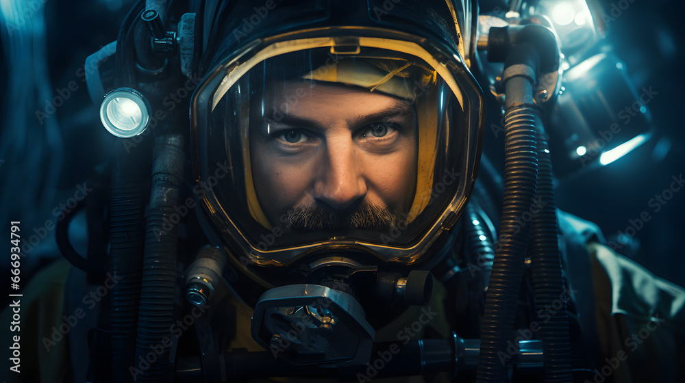 A close-up portrait of a deep-sea diver exploring the mysterious depths ...