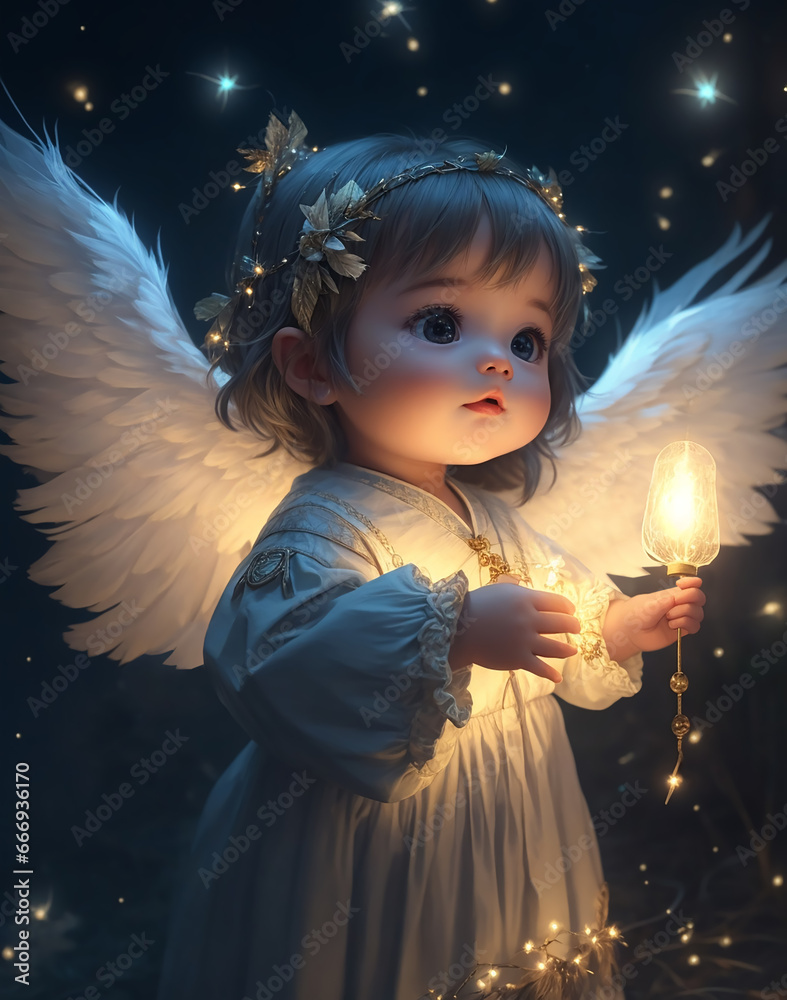 An illustration of a baby angel holding lights, 子供天使, a fictional ...