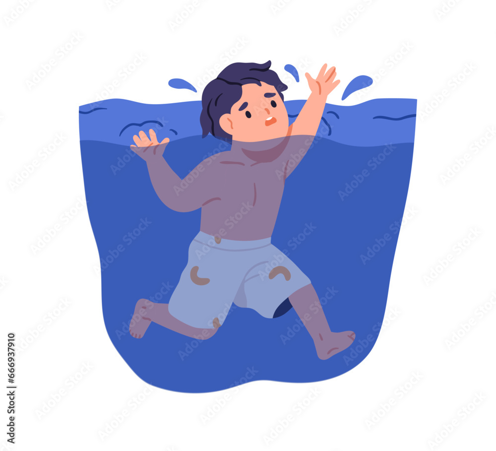 Child drowning in water. Little kid sinking in sea, swimming in pool ...