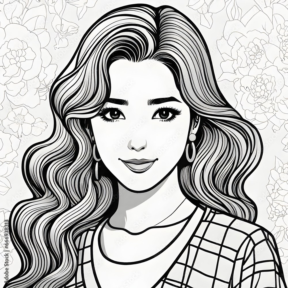 a coloring page for adults in a K-pop star style, featuring a beautiful ...
