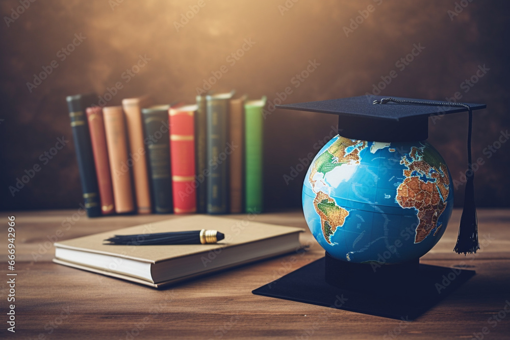 Graduation cap with Earth globe, Concept of global business study ...