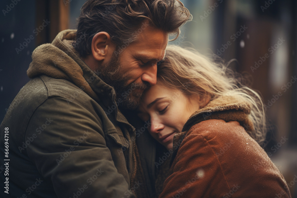 heartwarming moment of a tight, emotional hug between two people. This ...