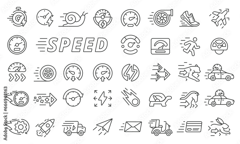 Speed icons set in line design. Fast, Speedometer, Rapid, Quick, Slow ...