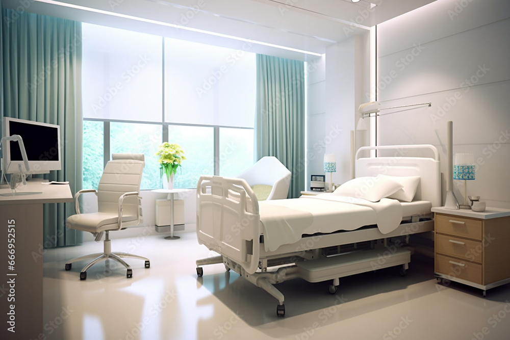 Hospital Room with Bed, Medical Monitor, IV Stand, Bedside Table, and ...
