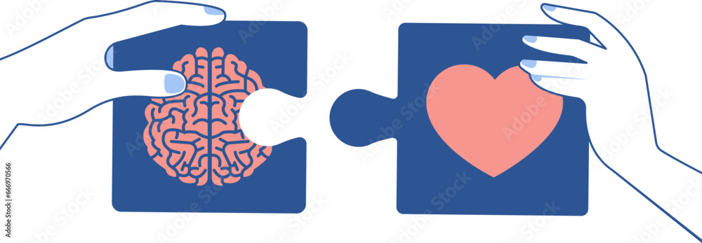 Man and woman hands hold heart and brain puzzle. Different gender ...