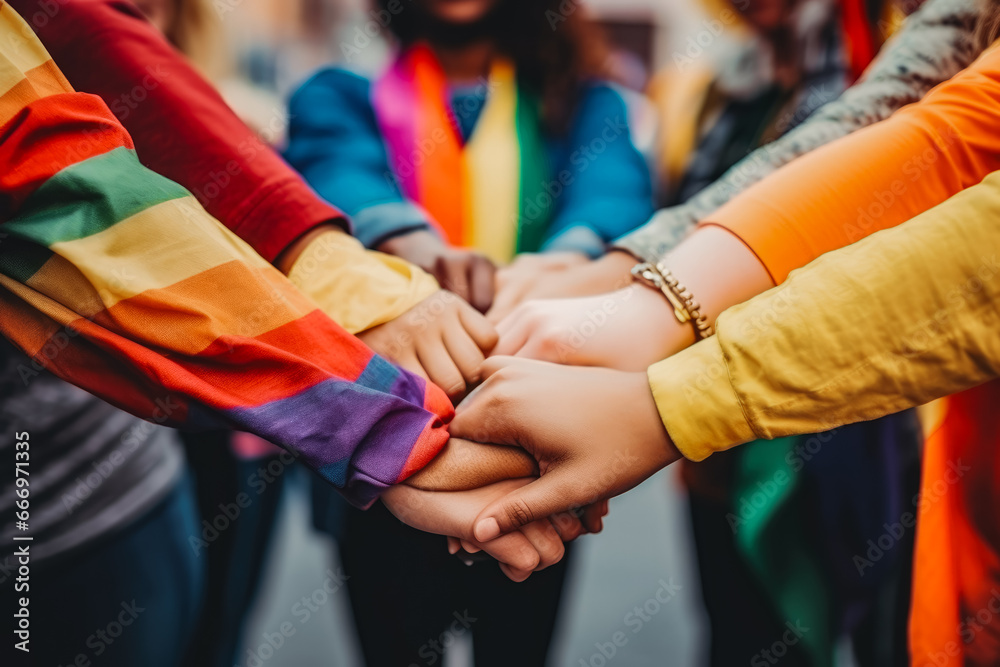 Homosexual diverse group of young people stacking hands. LGBTQ+ support ...