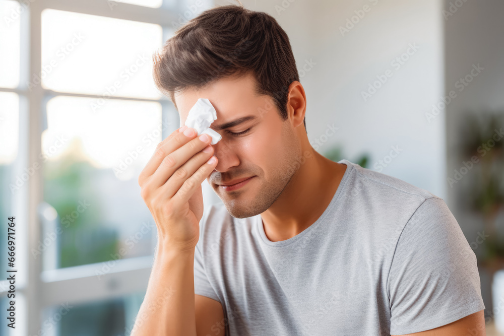 Young man applying eye lubricant to treat dry eye or allergy. Handsome ...