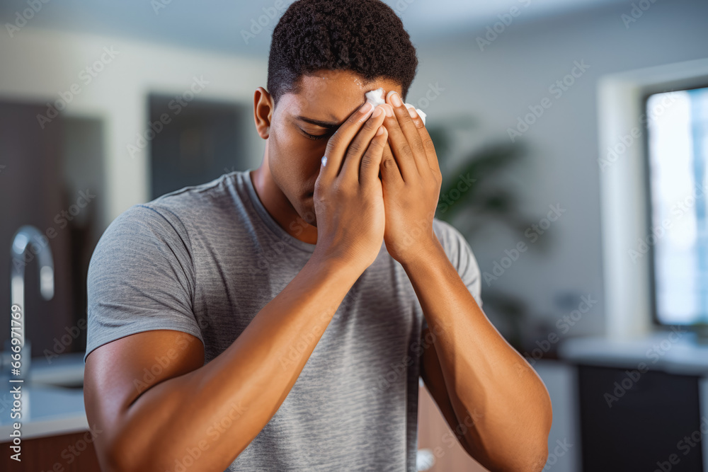 Young man applying eye lubricant to treat dry eye or allergy. Handsome ...