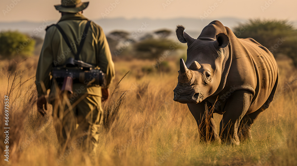 Male wildlife conservationist protecting rhinos on the African savannah ...