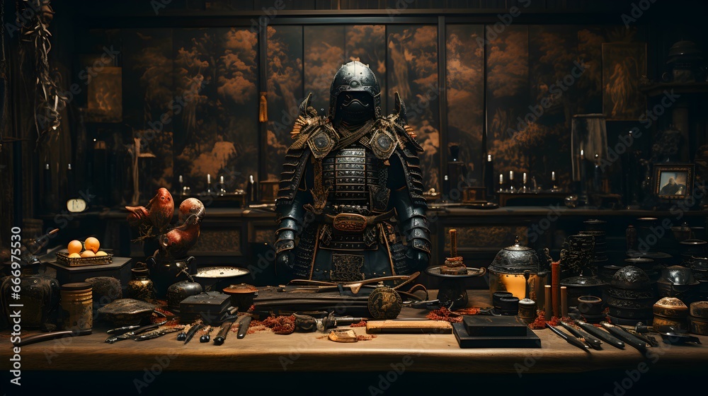 Suit Armor of Samurai display on the table with japanese background ...