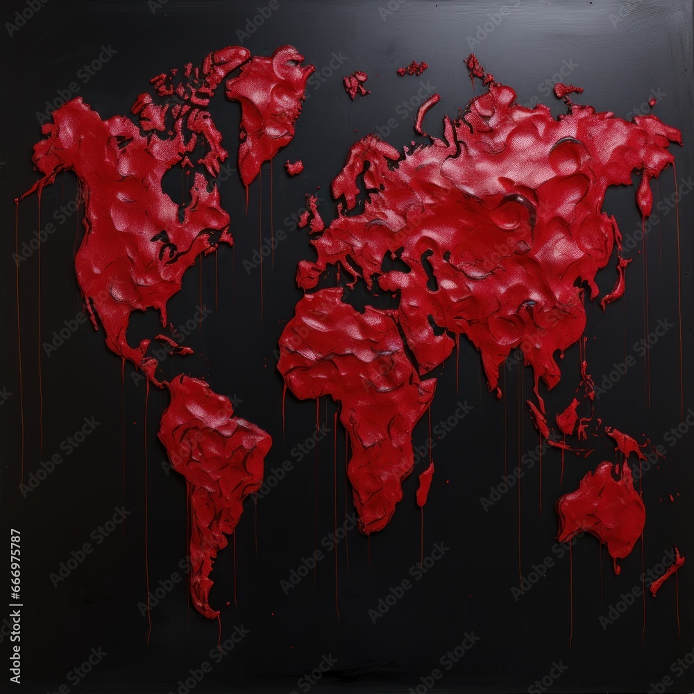 diagram of the continents in dark red bloody color on a dark black ...