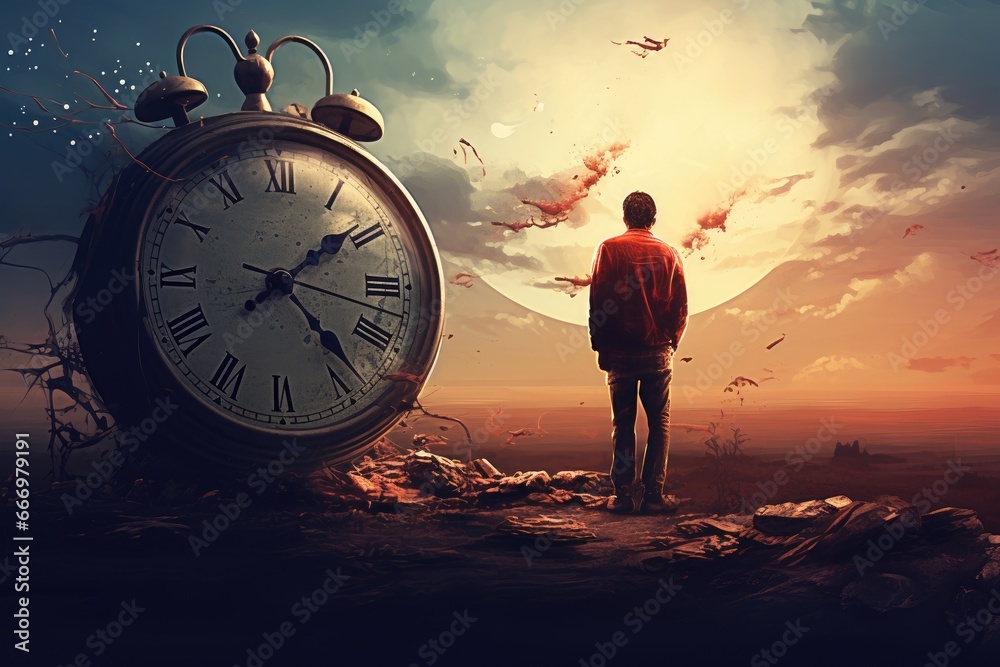 Man in front of big alarm clock. Time is running out concept, Man and ...