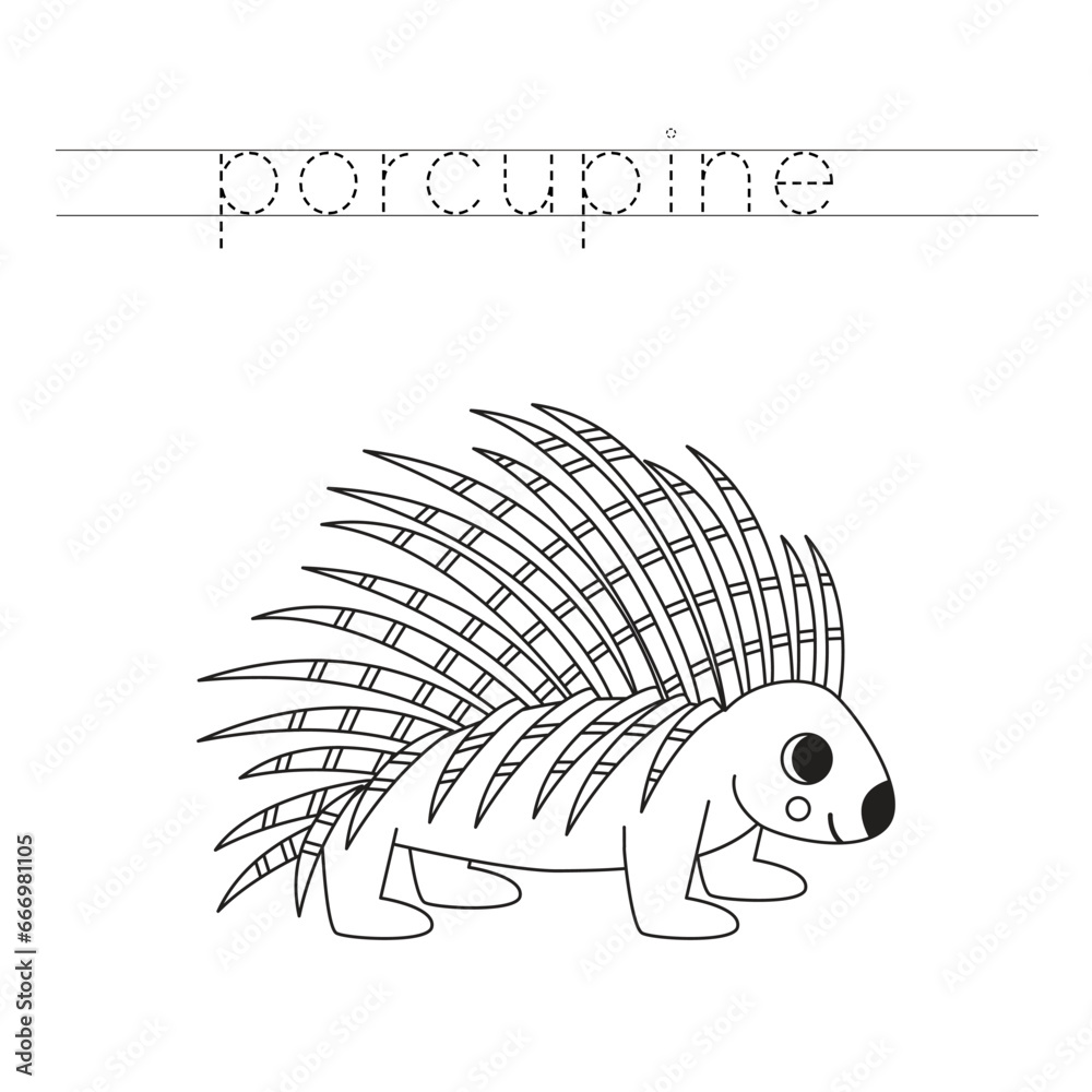 Trace the letters and color cartoon porcupine. Handwriting practice for ...