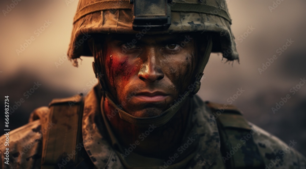 Amidst the chaos of war, a stoic soldier stands proudly in his blood ...