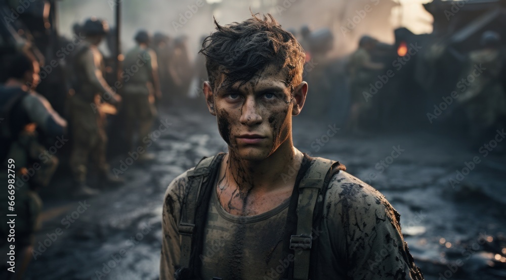 A rugged adventurer, clad in tattered clothing, gazes intently at the ...