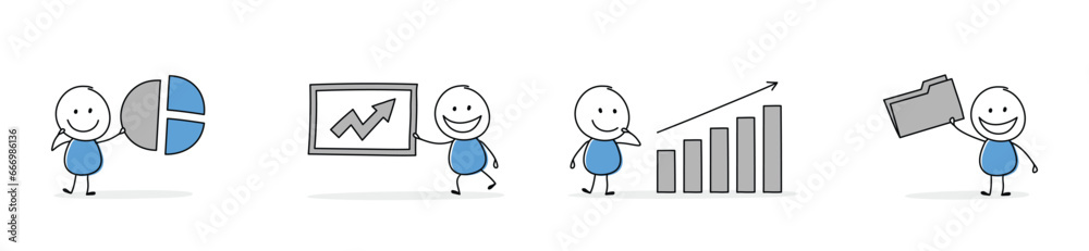 Collection of a happy stickman holding chart, graph, arrow and folder ...