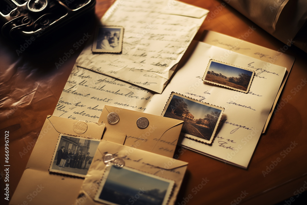 Photograph a collection of vintage handwritten letters, faded with time ...
