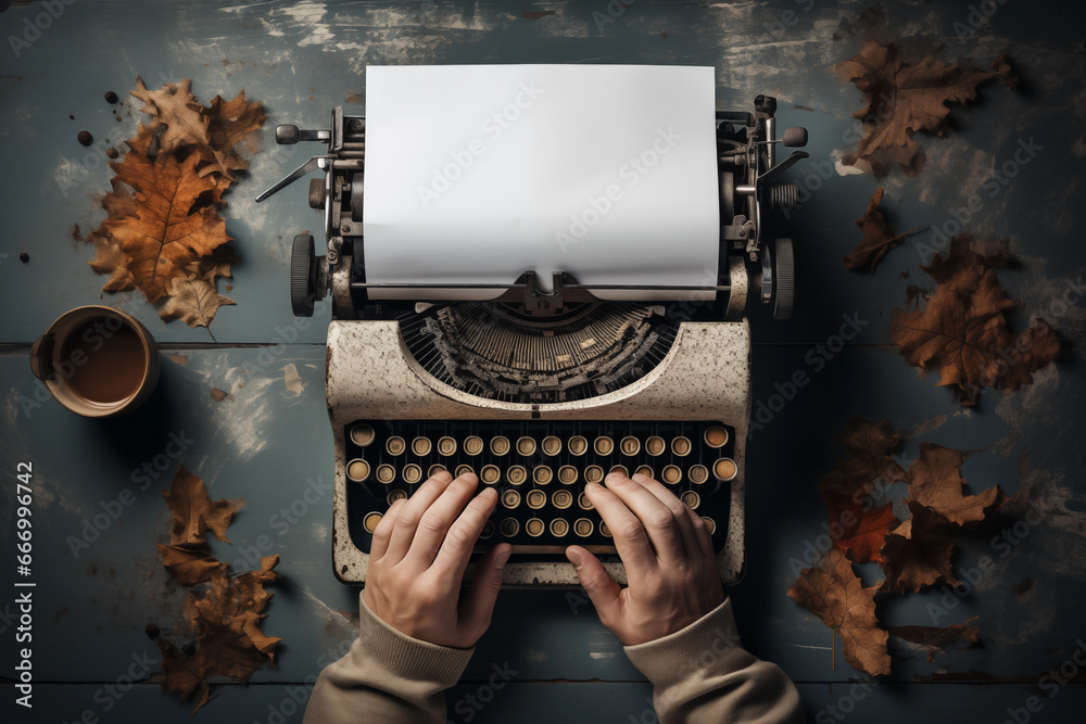 writer's hand poised above a blank page, ready to create a world with ...