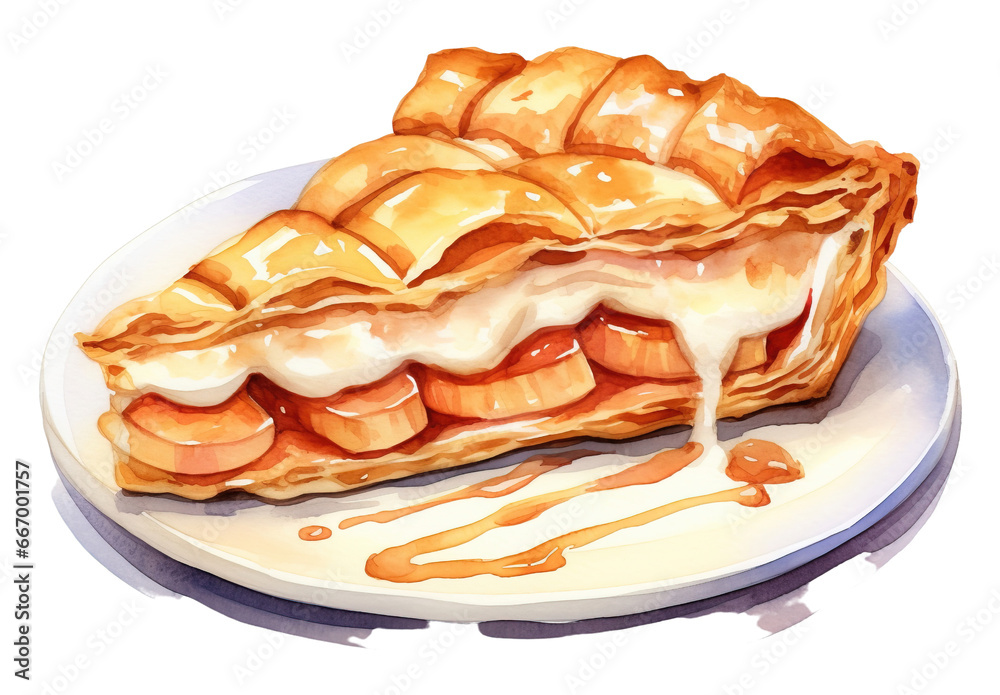 Homemade Slice of apple pie. Hand drawn Watercolor Illustration ...