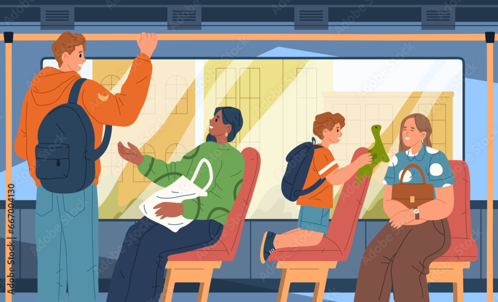 Vector illustration of bus with passenger. Cartoon poster of tram ...