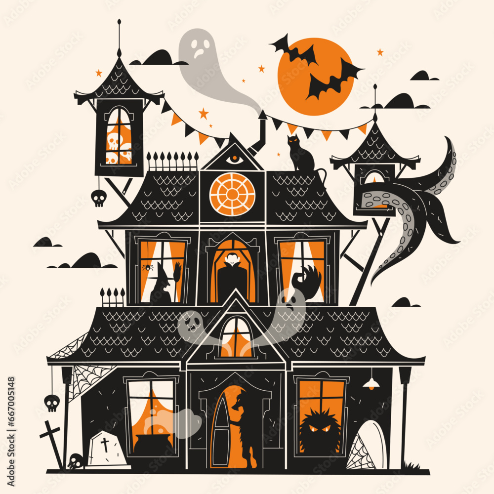 Halloween house vector background or flyer. Dark castle for october ...