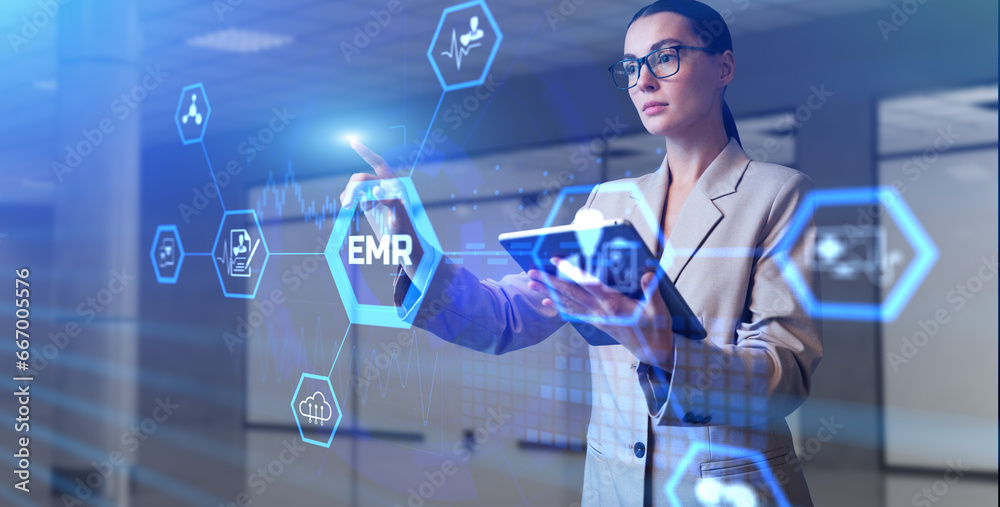 EMR Electronic medical record. Woman pressing button on virtual screen ...