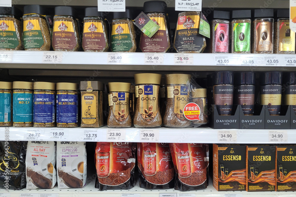 PENANG, MALAYSIA - 12 OCT 2023: Various local and imported brands of instant coffee and flavored ...