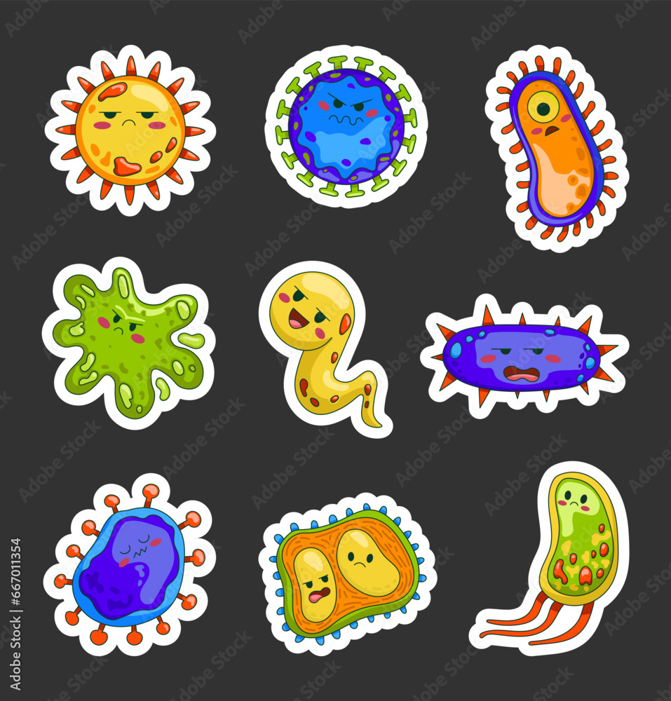 Kawaii bacteria and viruses characters with different emotions. Sticker ...