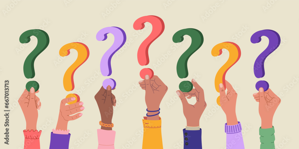 Human multiracial hands holding questions marks. FAQ and questions ...