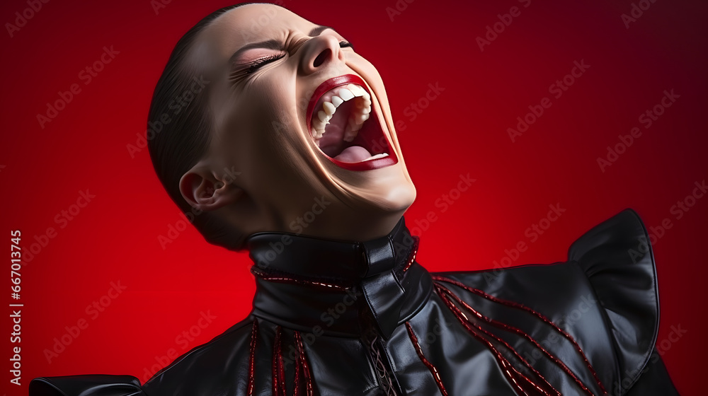 vampire on the red studio background, Vampire wide open mouth screams ...