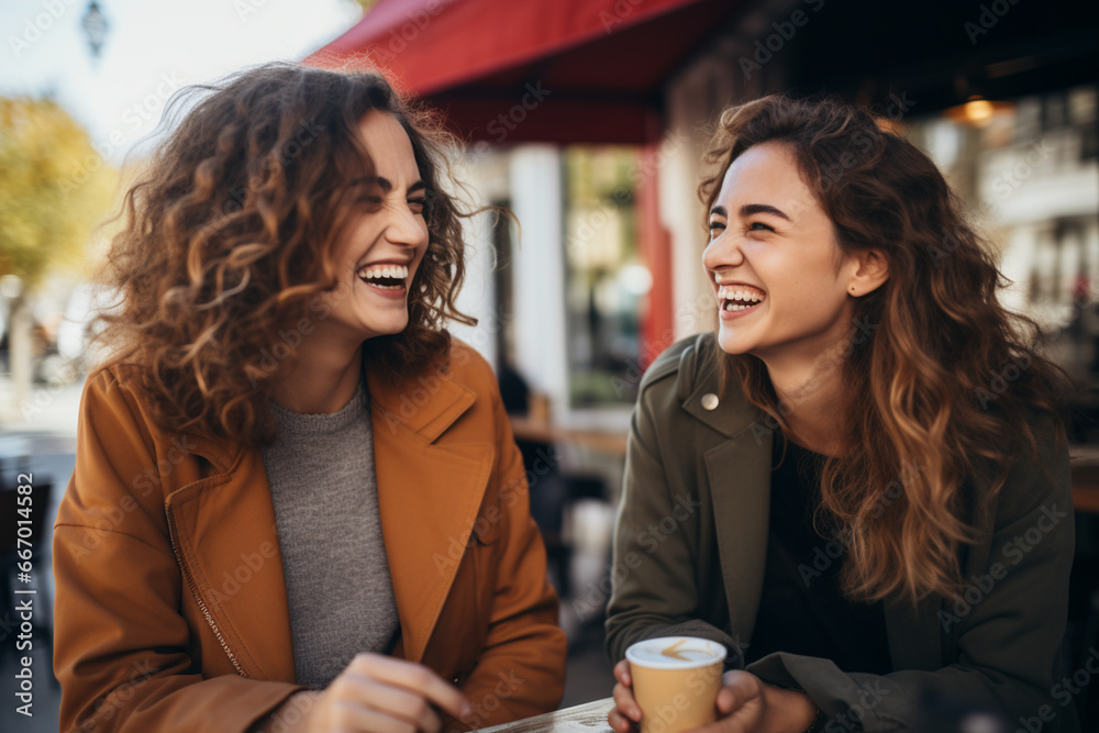 Shot of young happy women talking and laughing while drinking coffee ...