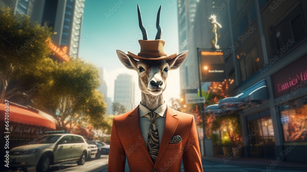 A sophisticated antelope saunters down a city street, its head crowned ...