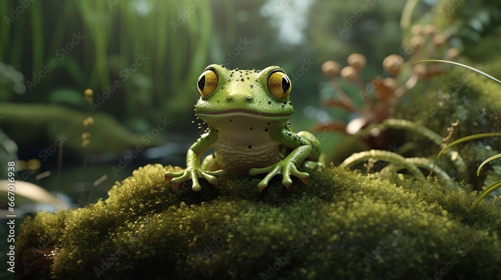 A vivid close-up captures a gliding frog, its mouth slightly ajar in a ...